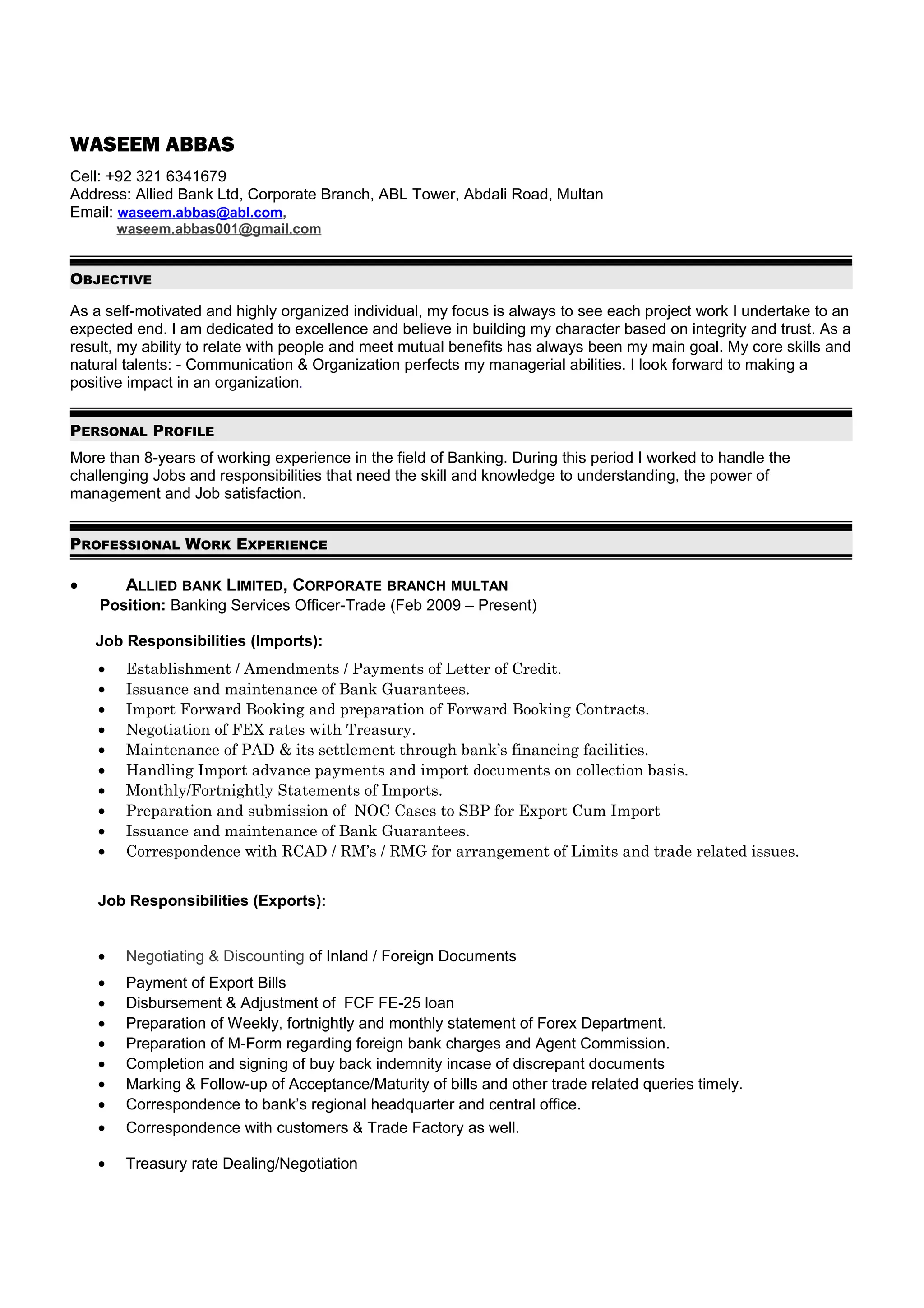 WASEEM ABBAS -RESUME | DOC | Business Banking & Finance | Business