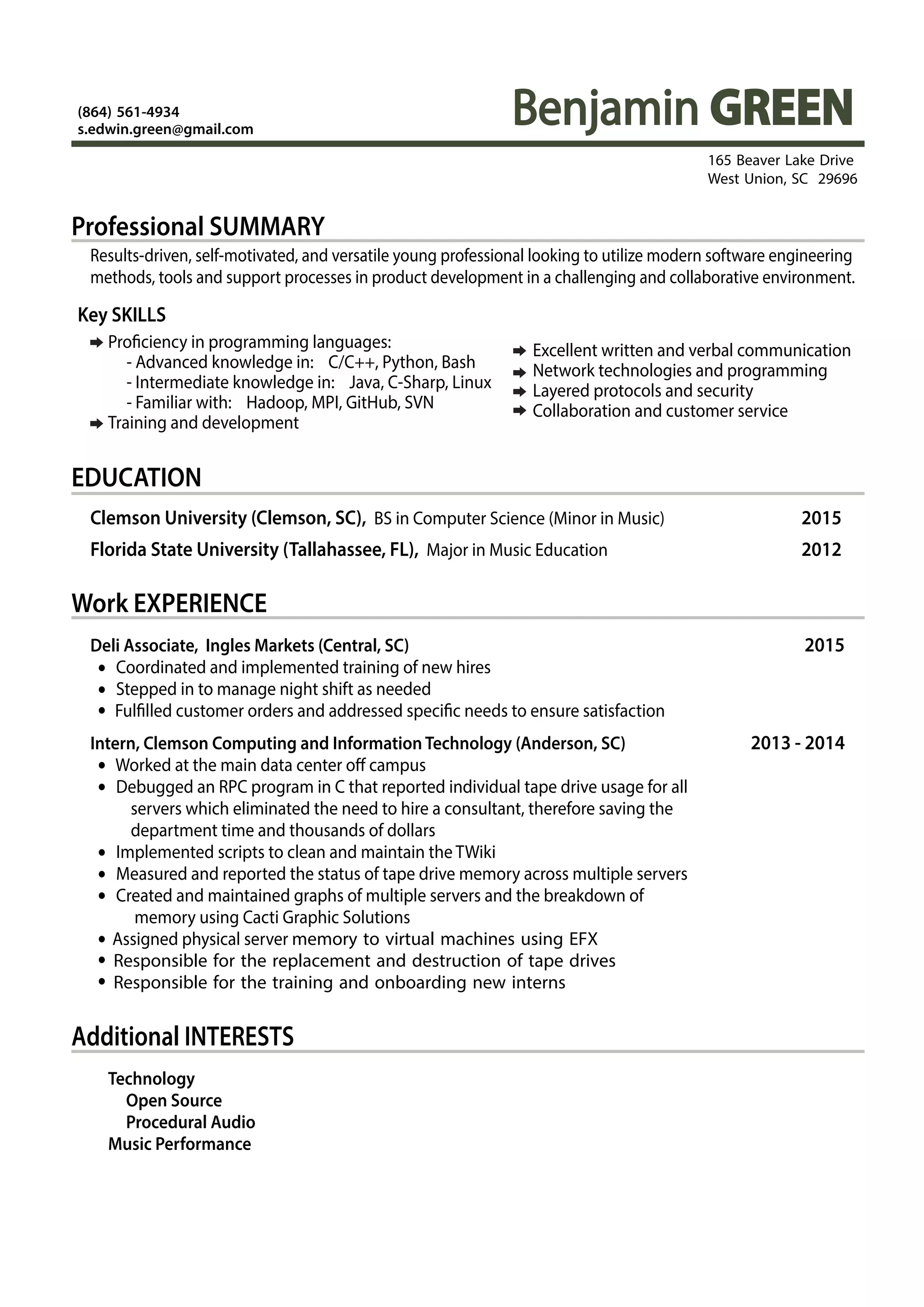 BenGreenResume | PDF | Programming Languages | Computing