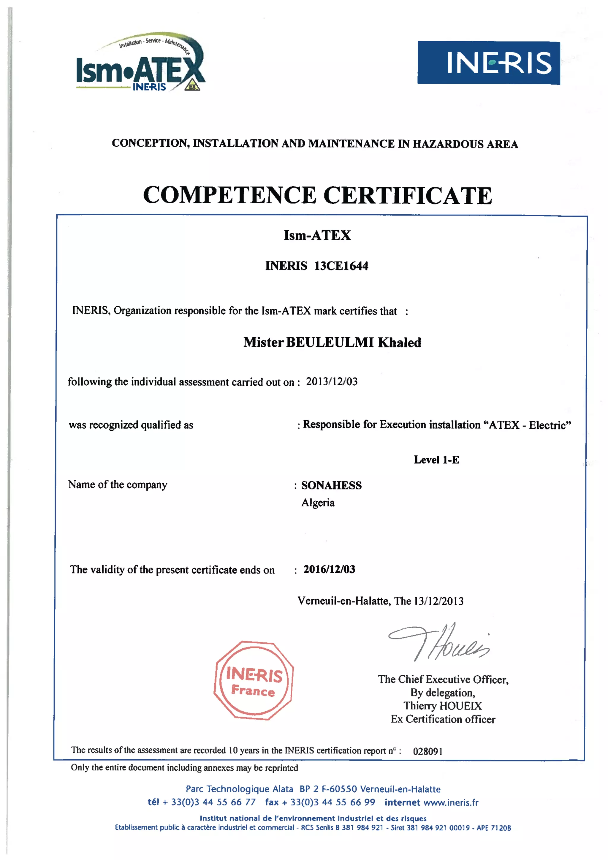 Certificate _ Ism-ATEX (INERIS) _ BENLEULMI Khaled | PDF