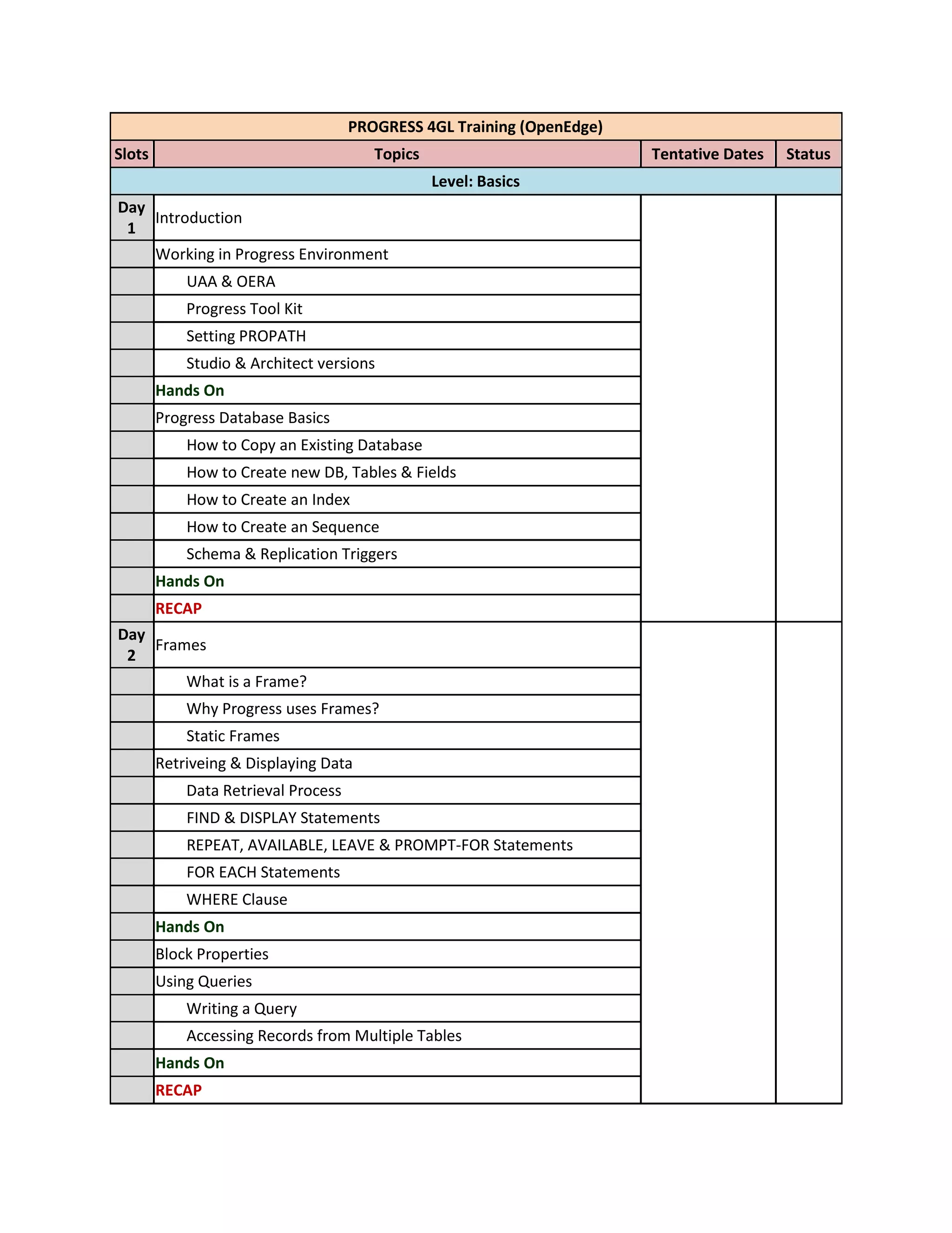 PROGRESS_4GL_Training_Calendar | PDF