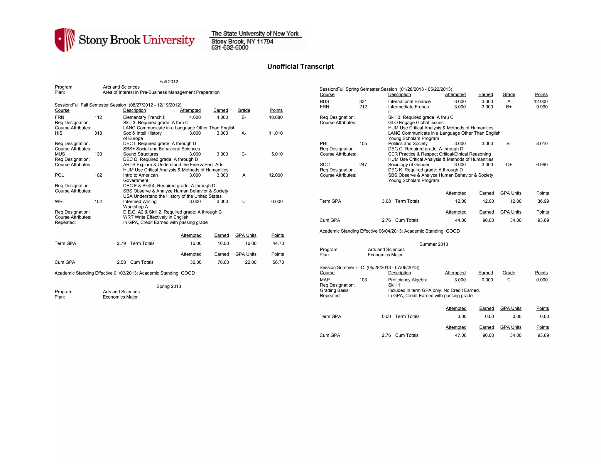Final Stony Brook Unofficial Transcript | PDF