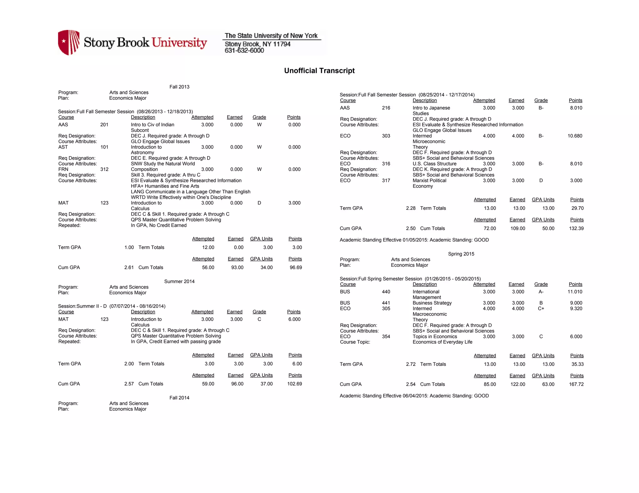 Final Stony Brook Unofficial Transcript | PDF
