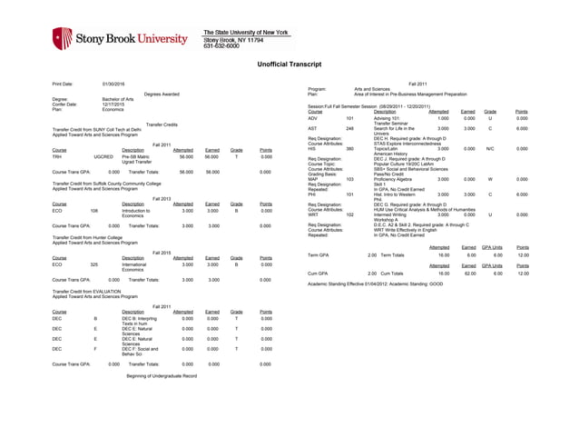 Final Stony Brook Unofficial Transcript | PDF