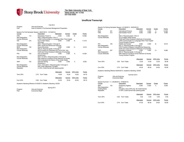 Final Stony Brook Unofficial Transcript | PDF