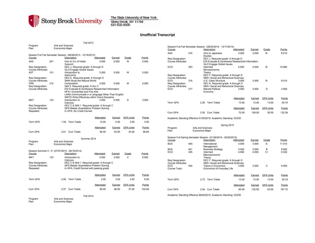 Final Stony Brook Unofficial Transcript | PDF