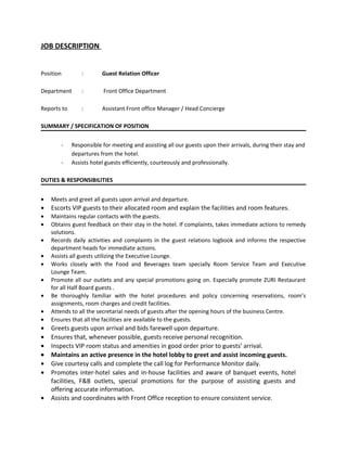 Guest Relation Officer JD | DOC | Hotels and Motels | Travel Type