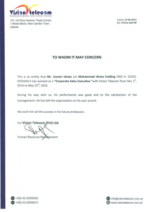 Expierence Certificate Vision Telecom | PDF