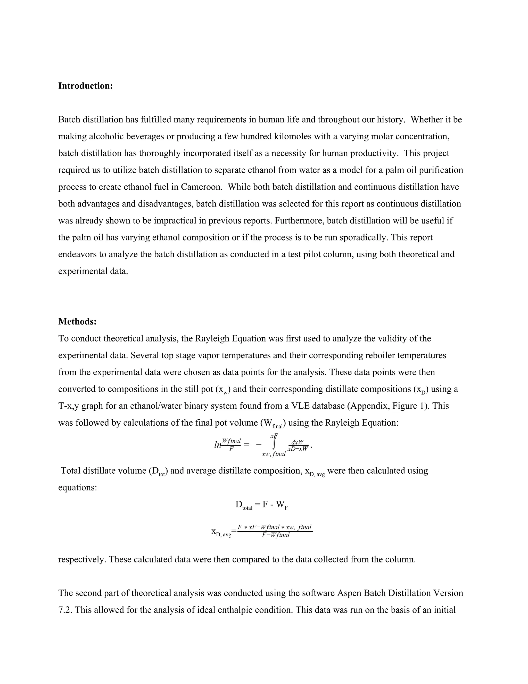 Elizabeth Towle Batch Distillation of Ethanol Design | PDF