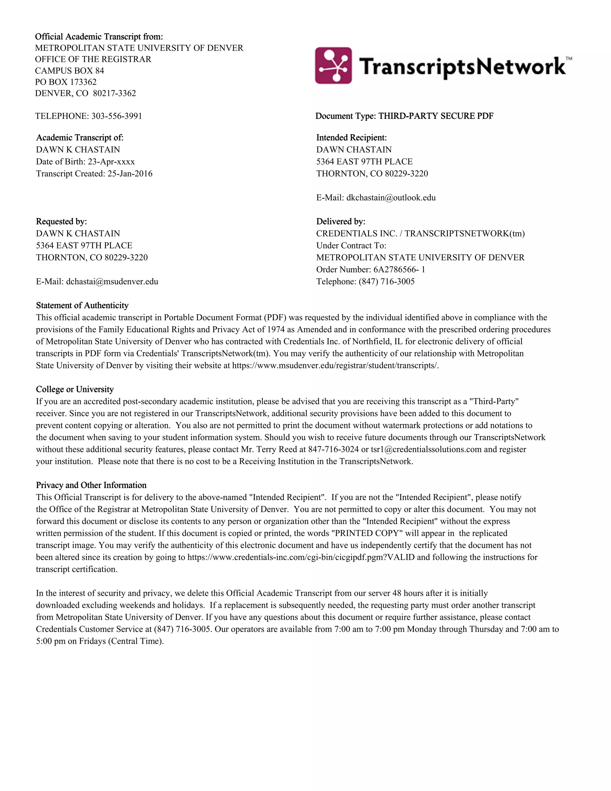 Dawn Chastain official transcript Metropolitan State University of ...