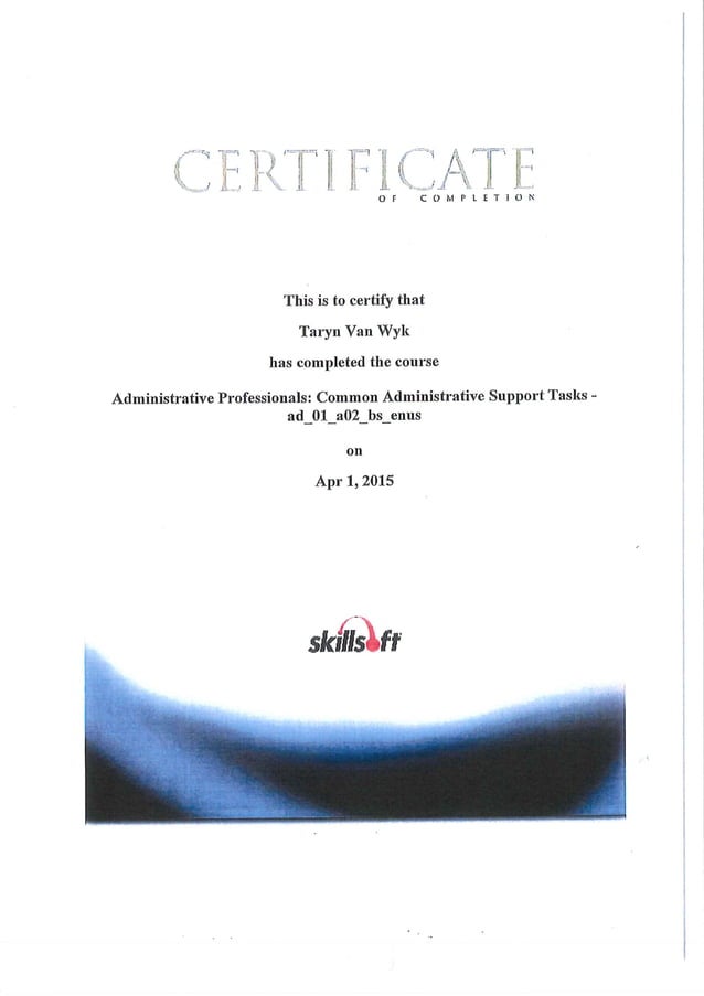 Certificate of Completion - Skillsoft - Adminstration Professional | PDF
