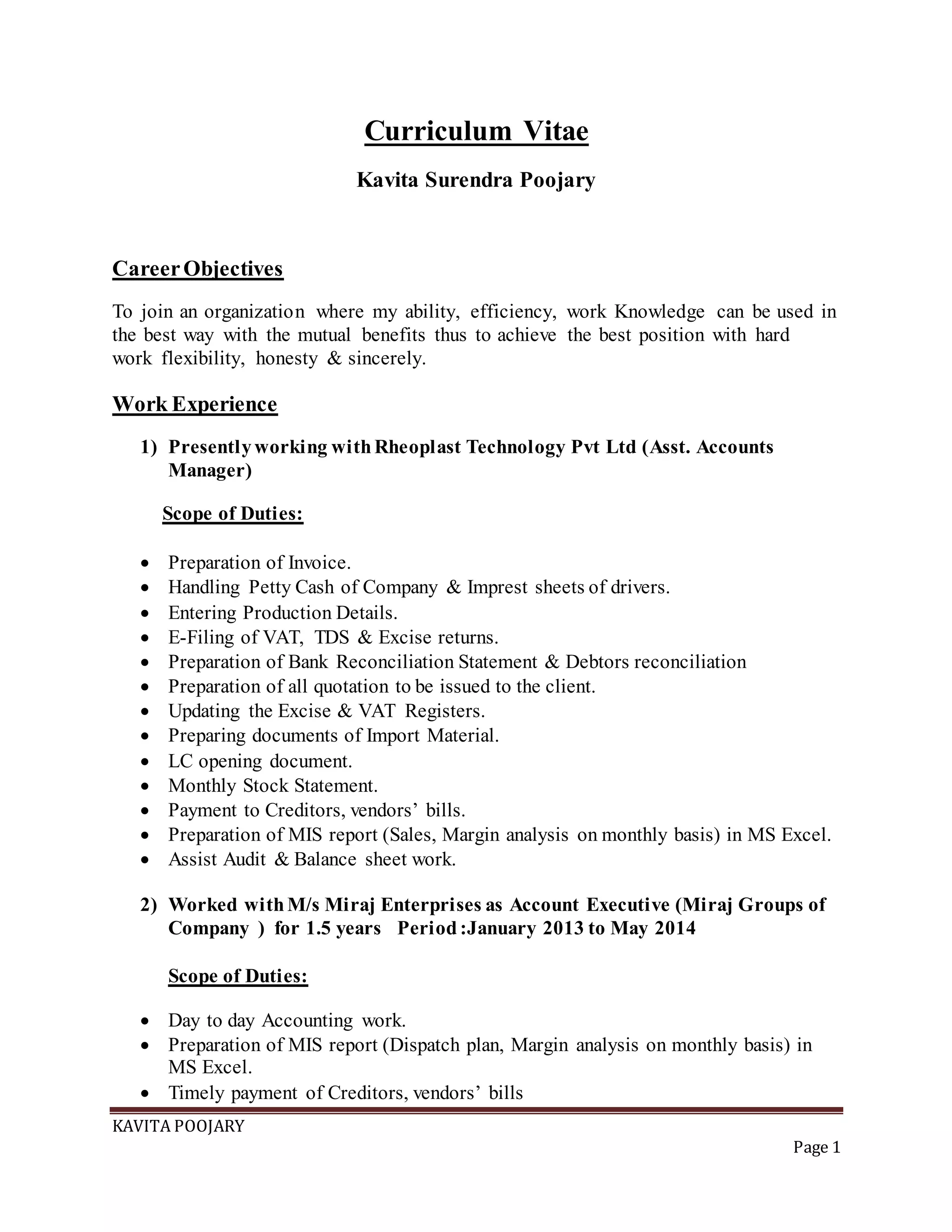 Curriculum Vitae of Kavita Poojary Ak | DOCX