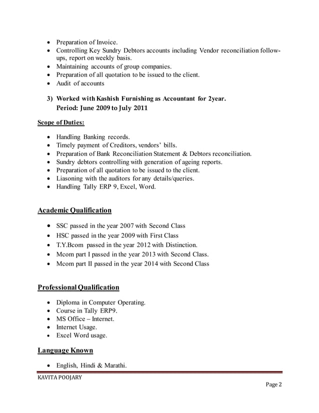 Curriculum Vitae of Kavita Poojary Ak | PDF