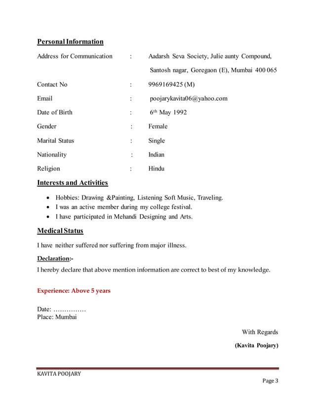 Curriculum Vitae of Kavita Poojary Ak | PDF