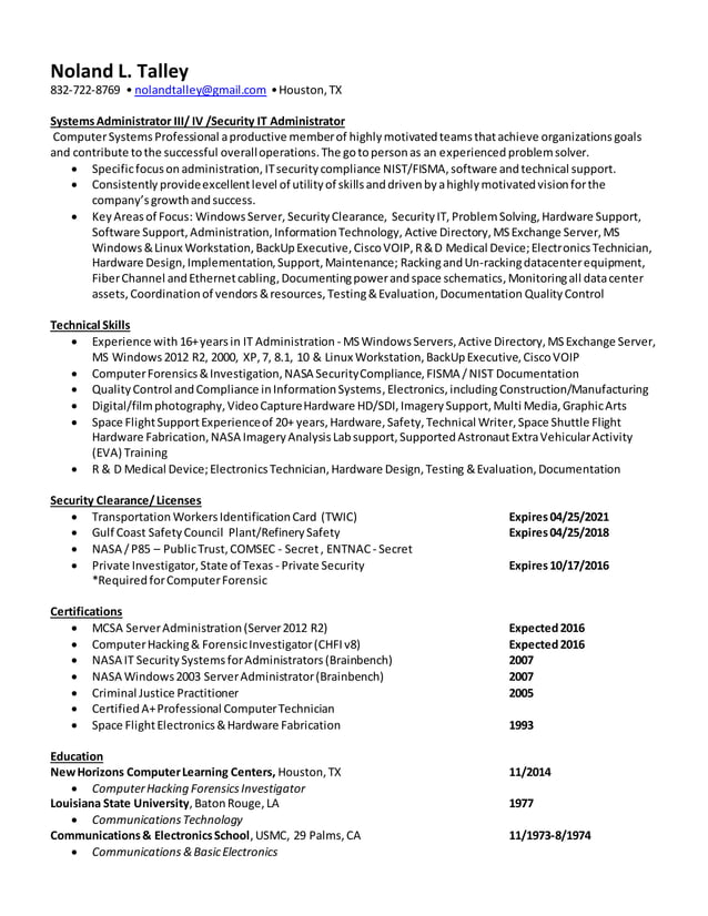 Noland L Talley Resume-TWIC | PDF