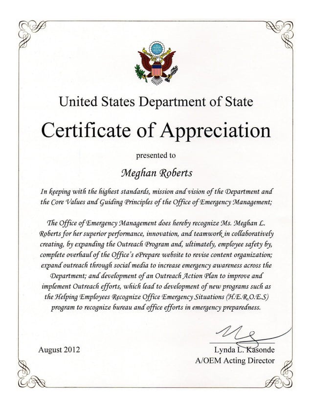 U.S. State Dept Letter of Appreciation | PDF