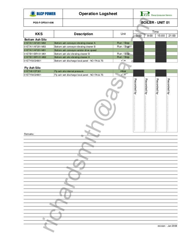 MapTaPhut - Unit 1 Boiler log sheet
