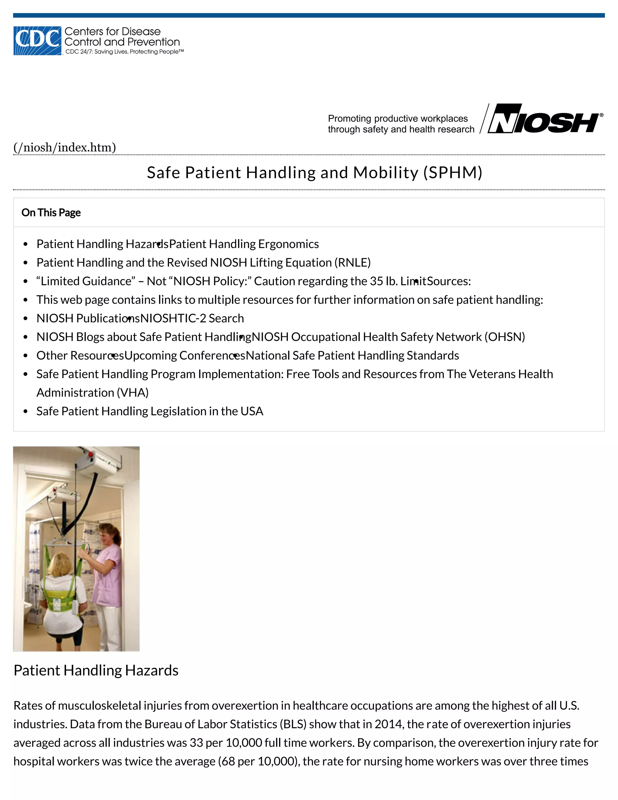 Cdc safe patient handling and mobility (sphm) - niosh workplace safety and health topic | PDF ...