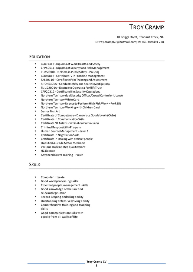 Troy Cramp - CV | DOCX | Commercial Trucks | Auto Body Styles