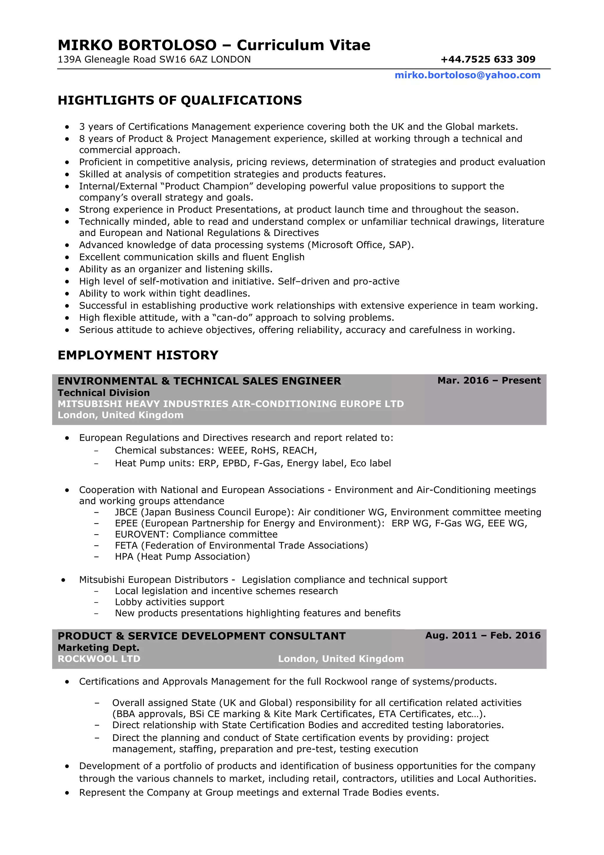 CV Mirko Bortoloso - English | PDF