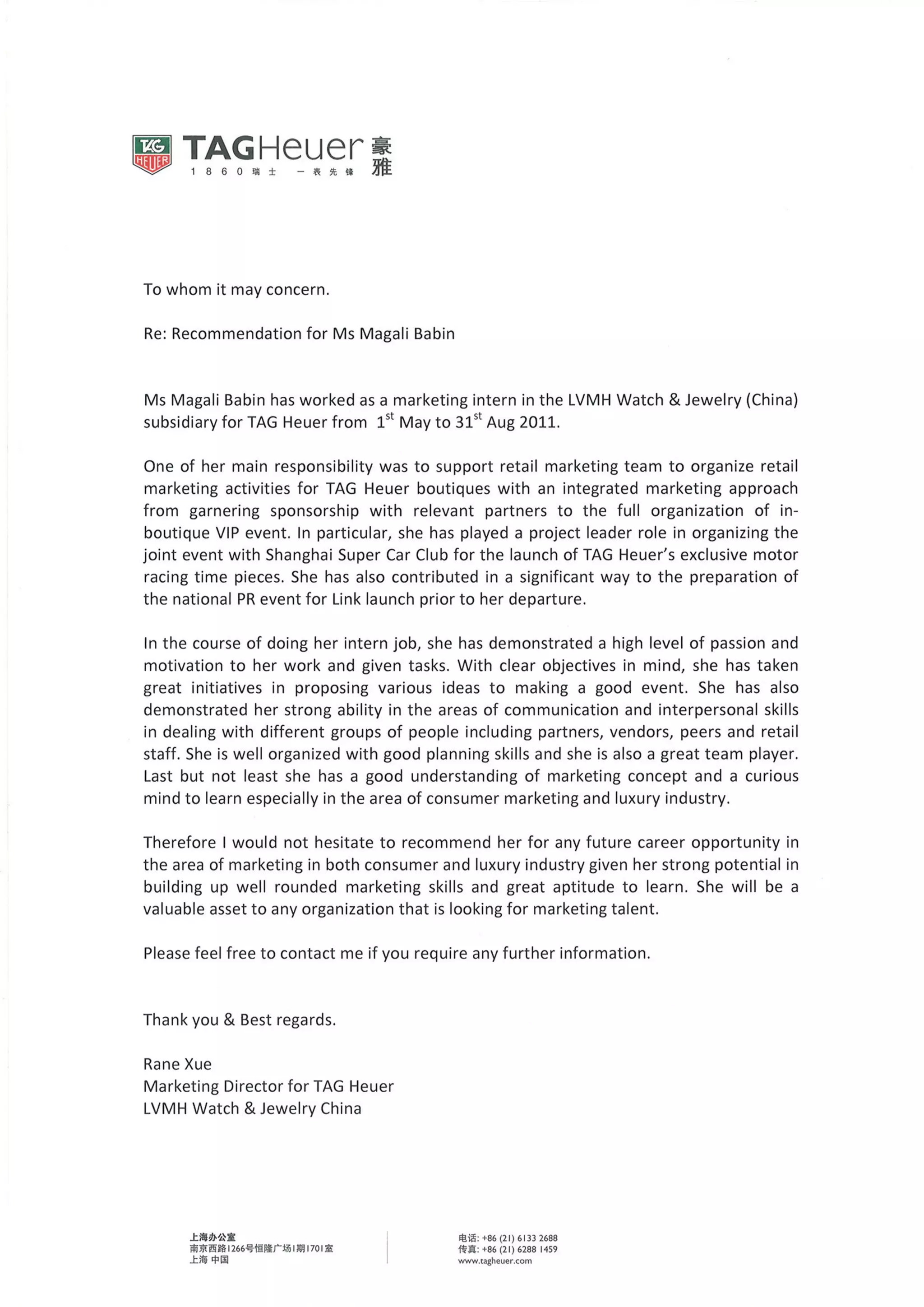 M. Babin Reference Letter TAG Heuer_ENG | PDF