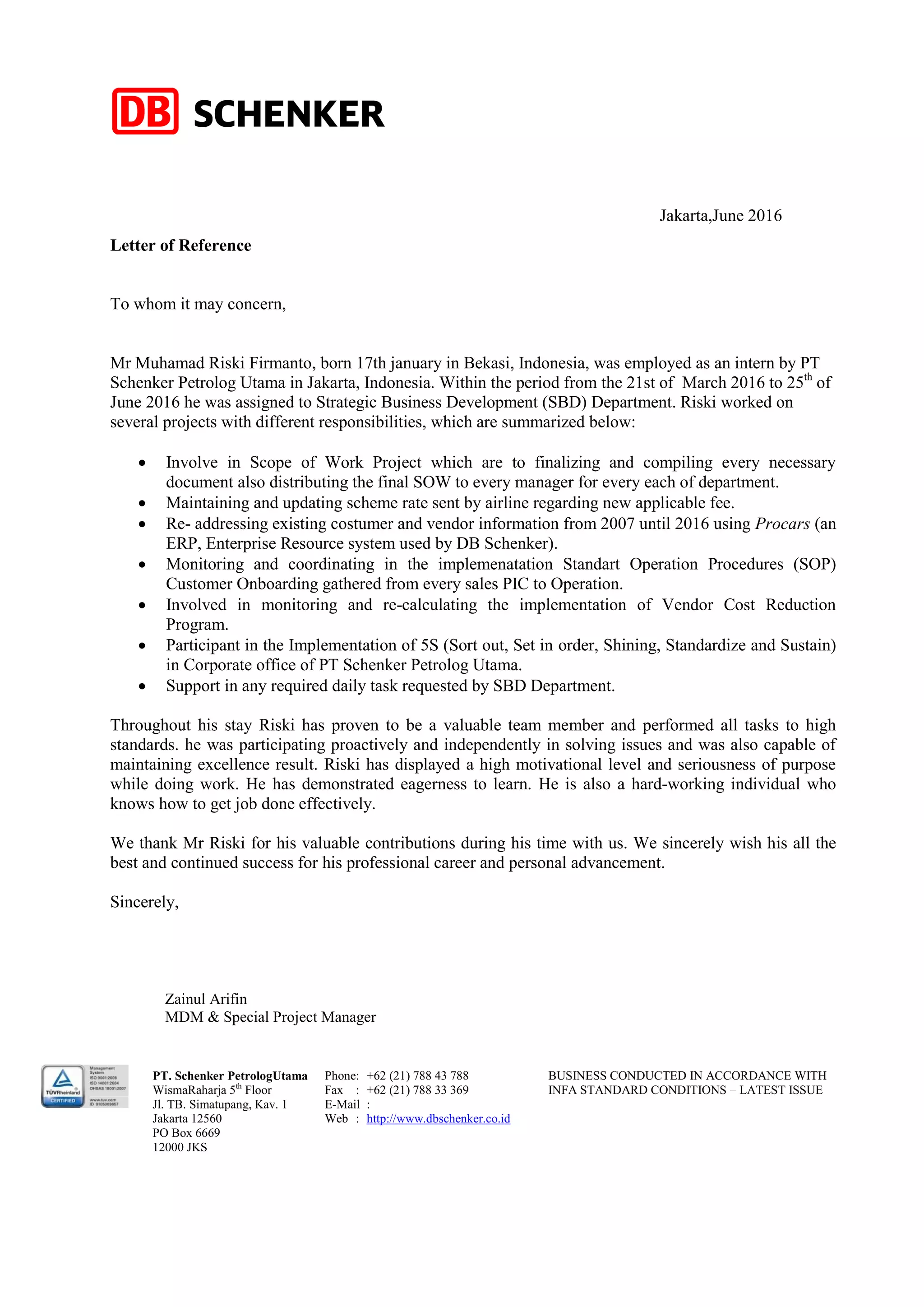 Letter of Reference - Riski Firmanto | PDF