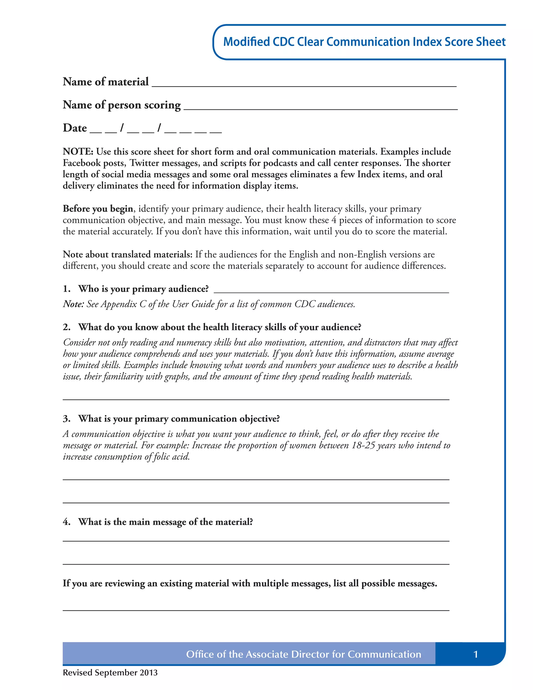 Cdc comm index score sheet | PDF