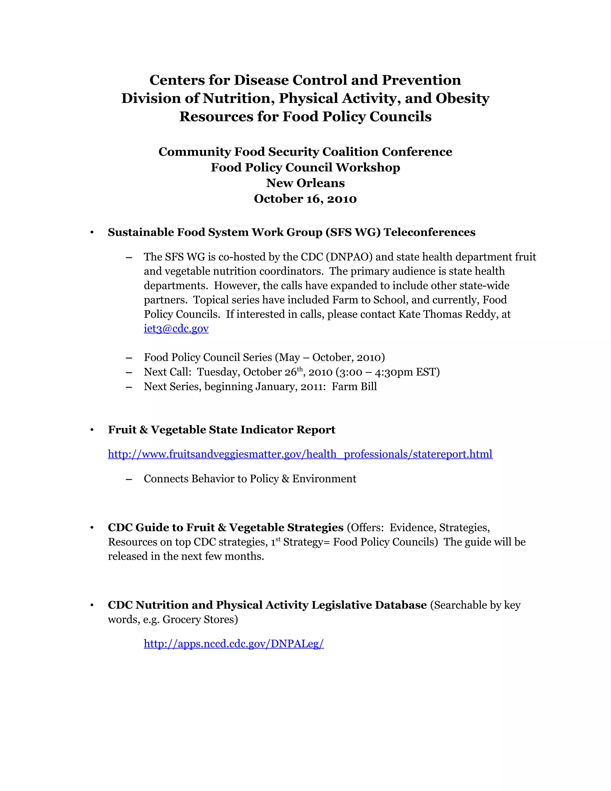 CDC Resource list for Food Policy Councils | PDF