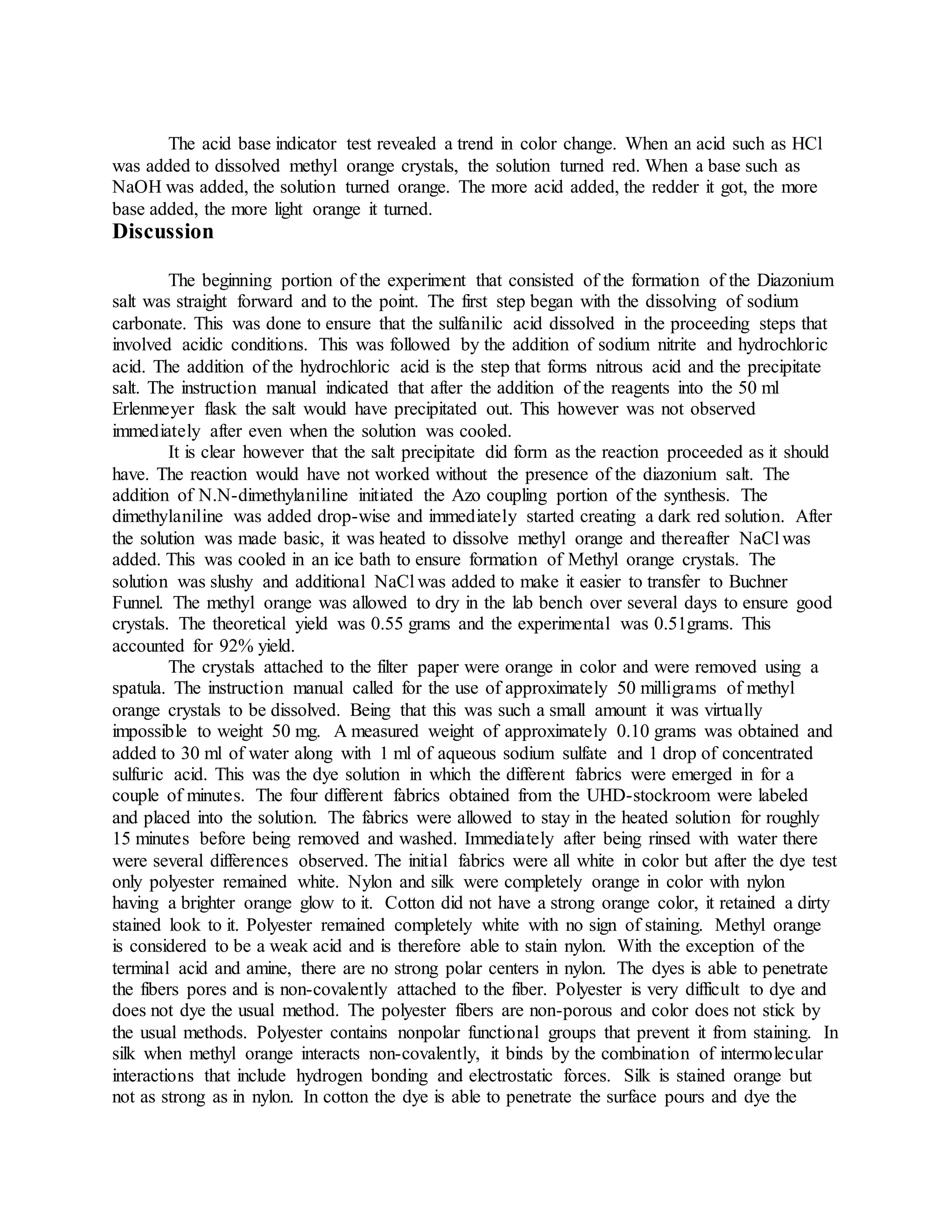 Synthesis of Methyl Orange Dye | DOCX