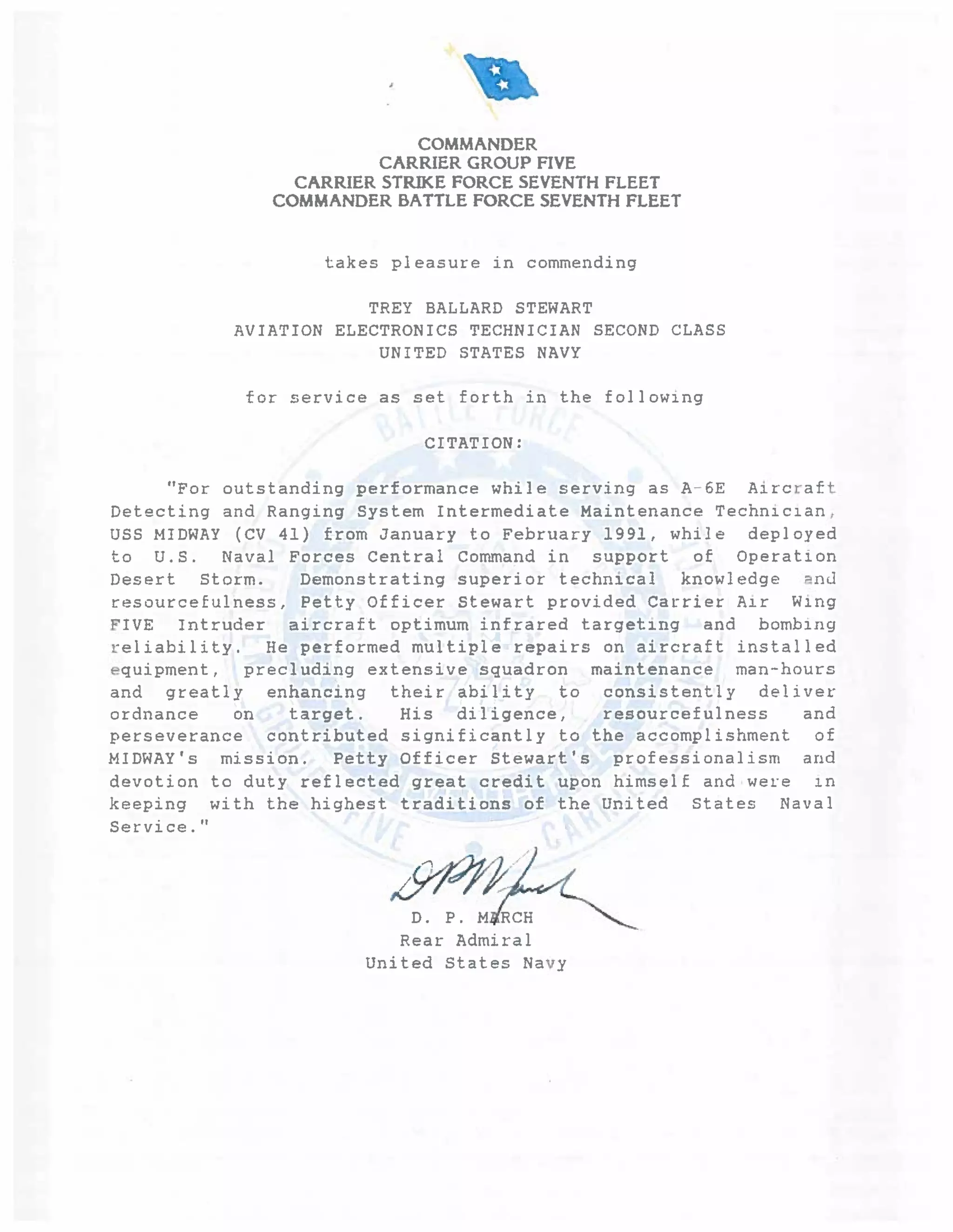 Admiral March Letter of Commendation 2 | PDF