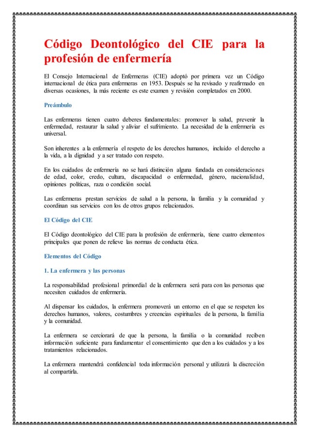 Código deontológico del cie para la profesión de enfermería