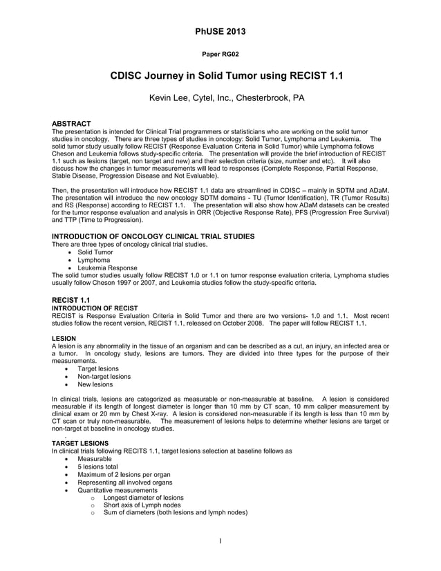 CDISC journey in solid tumor using recist 1.1 (Paper) | PDF | Cancer | Diseases and Conditions