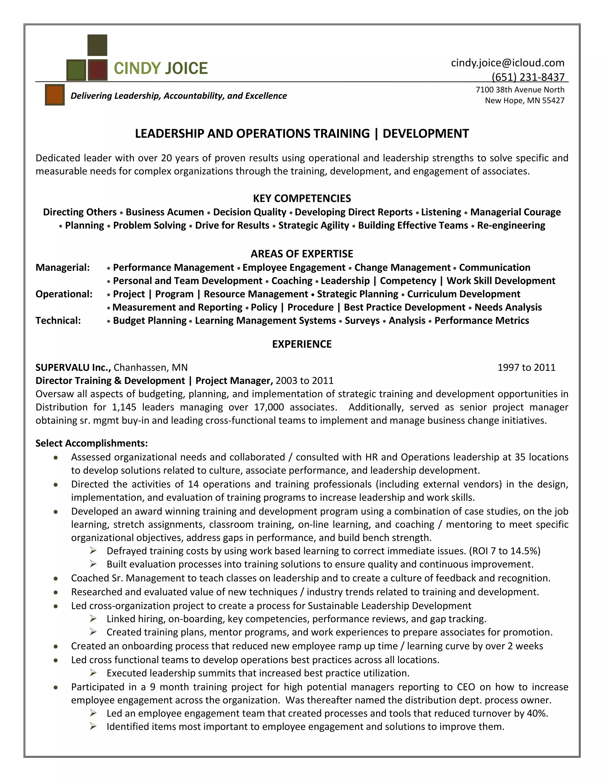 Cindy Joice Resume for Director of Training and Development | DOC