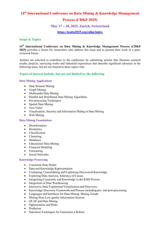 CFP - 14th International Conference on Data Mining & Knowledge Management Process (CDKP 2025) | PDF