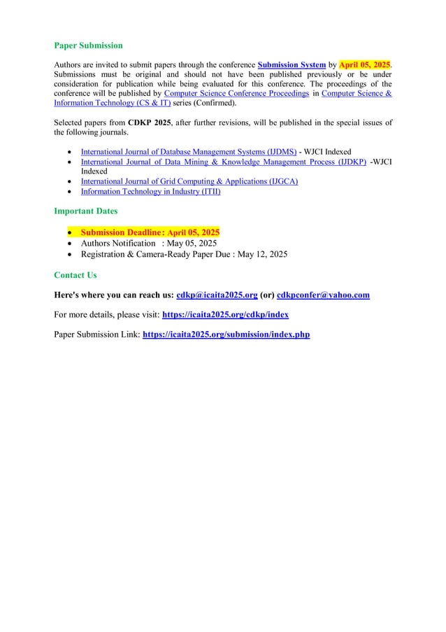 CFP - 14th International Conference on Data Mining & Knowledge Management Process (CDKP 2025) | PDF