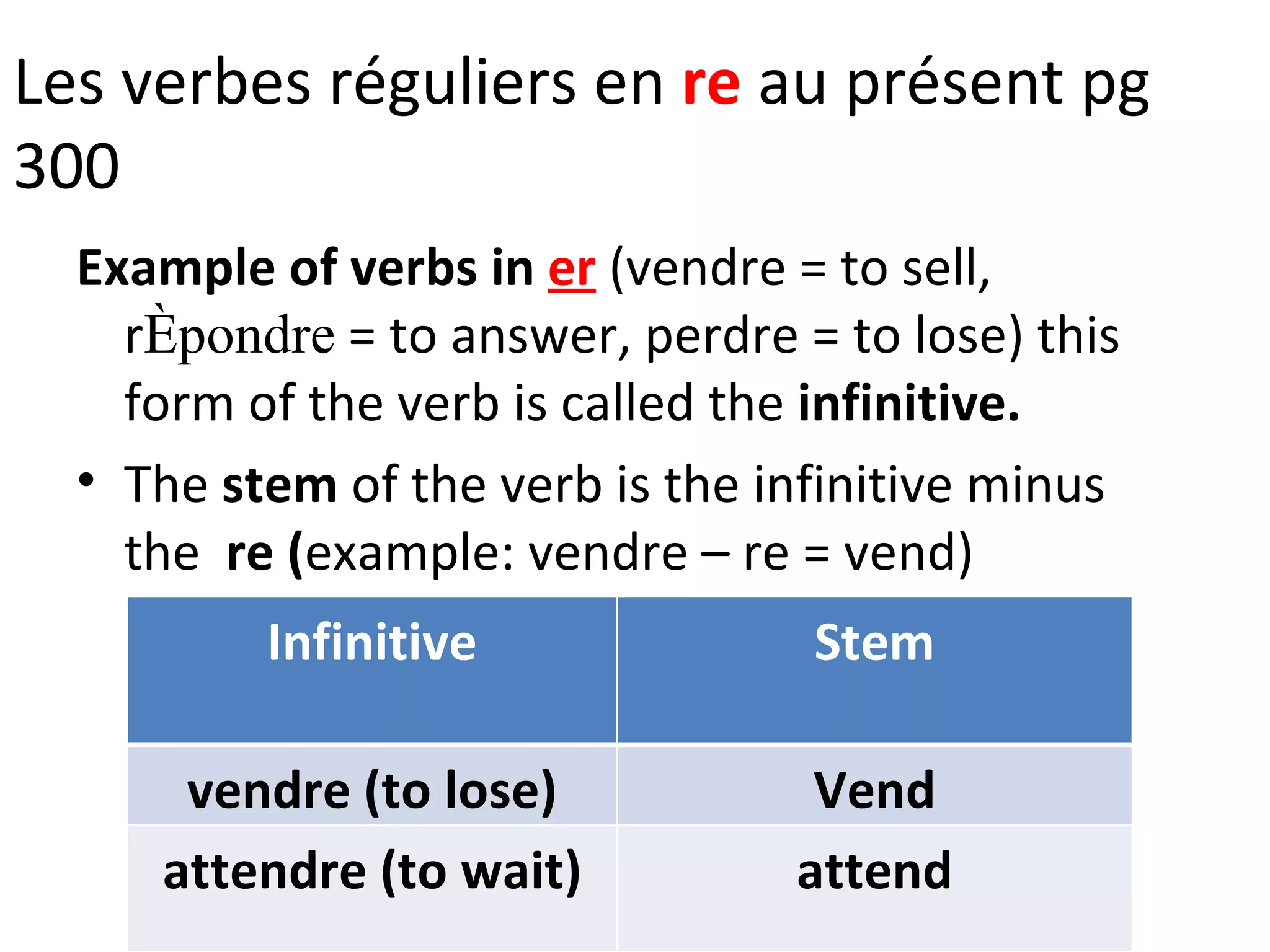 FRENCH: REGULAR VERBS IN ER RE IR- PRESENT TENSE | PPT