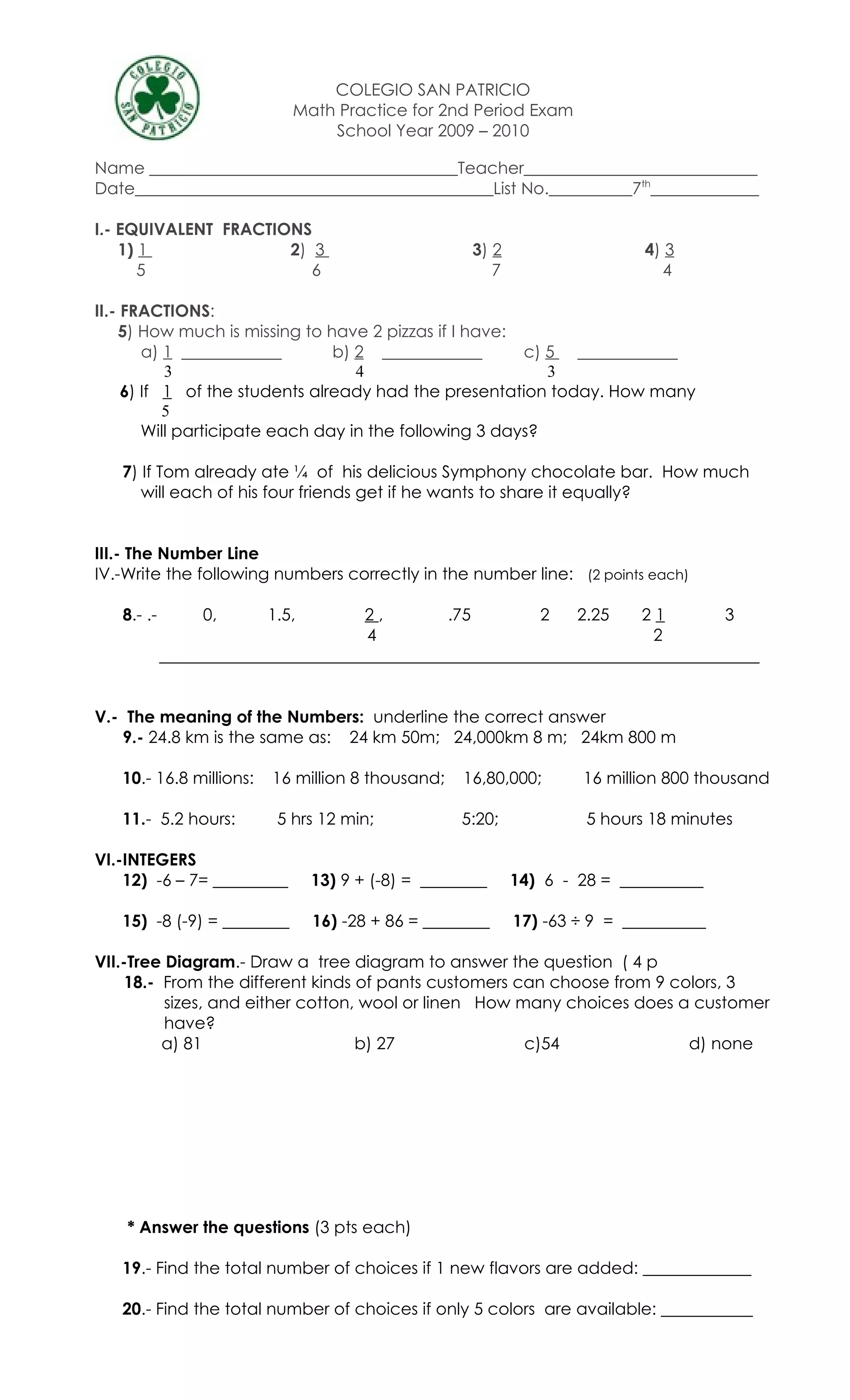 Math Practice for 2nd Period Exam | DOC