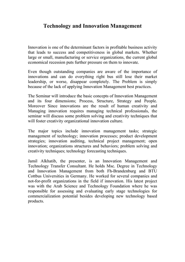 Technology and Innovation Management | PDF | Business | Business and ...