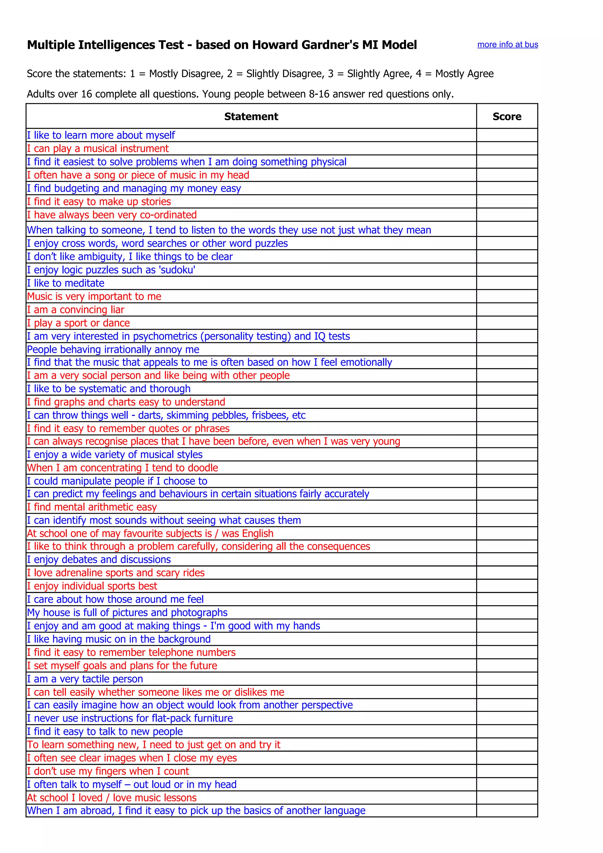 Multiple intelligences | XLS | Science