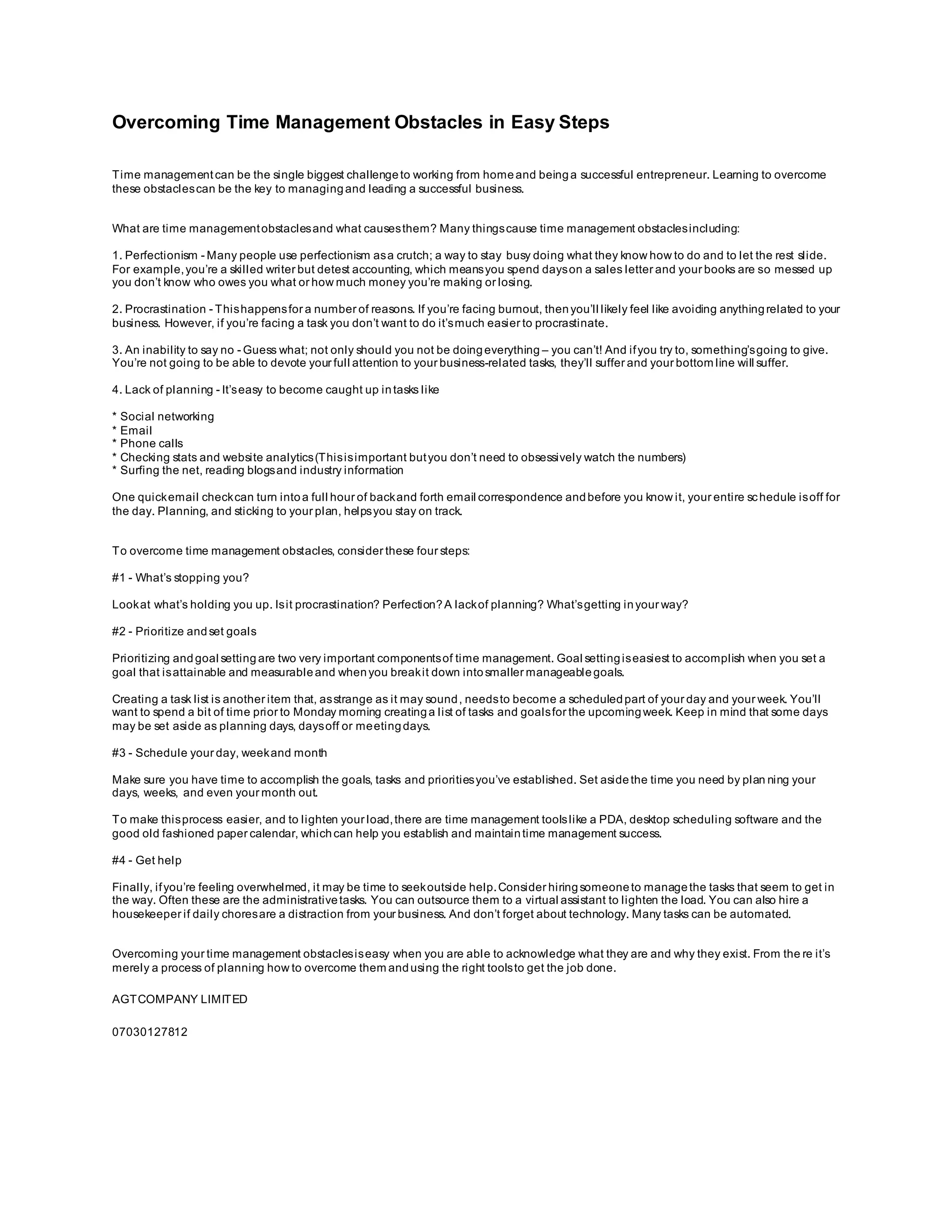 Overcoming Time Management Obstacles In Easy Steps | PDF