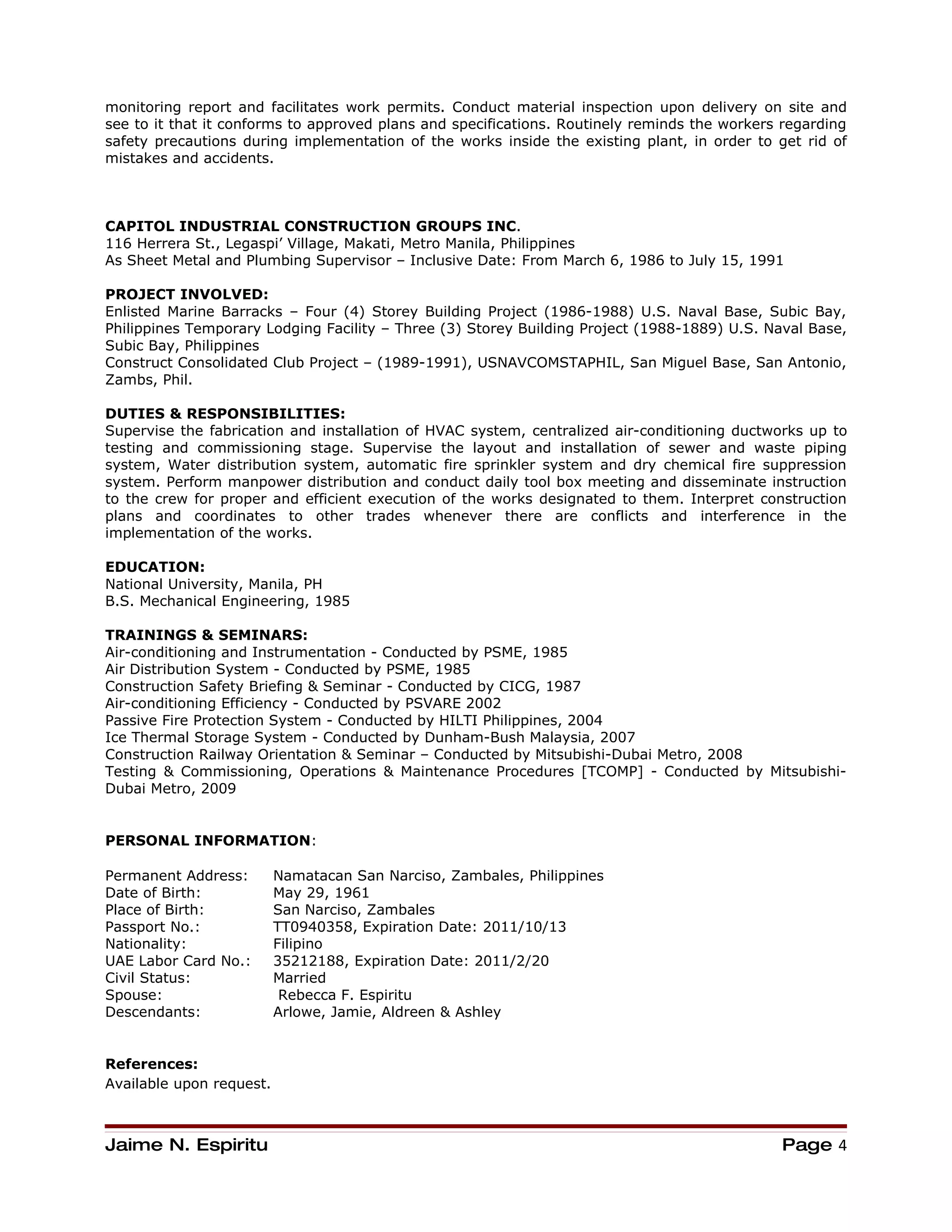 C:\Documents And Settings\User\My Documents\Log Jne\Feeling Lucky Cv\Jaime N Espiritu Cv | DOC