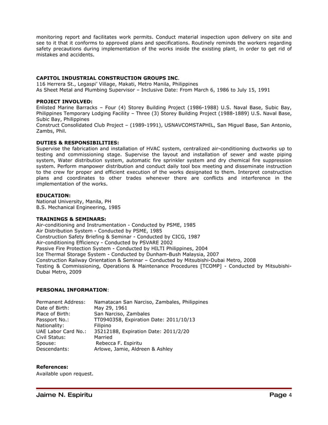 C:\Documents And Settings\User\My Documents\Log Jne\Feeling Lucky Cv\Jaime N Espiritu Cv | DOC