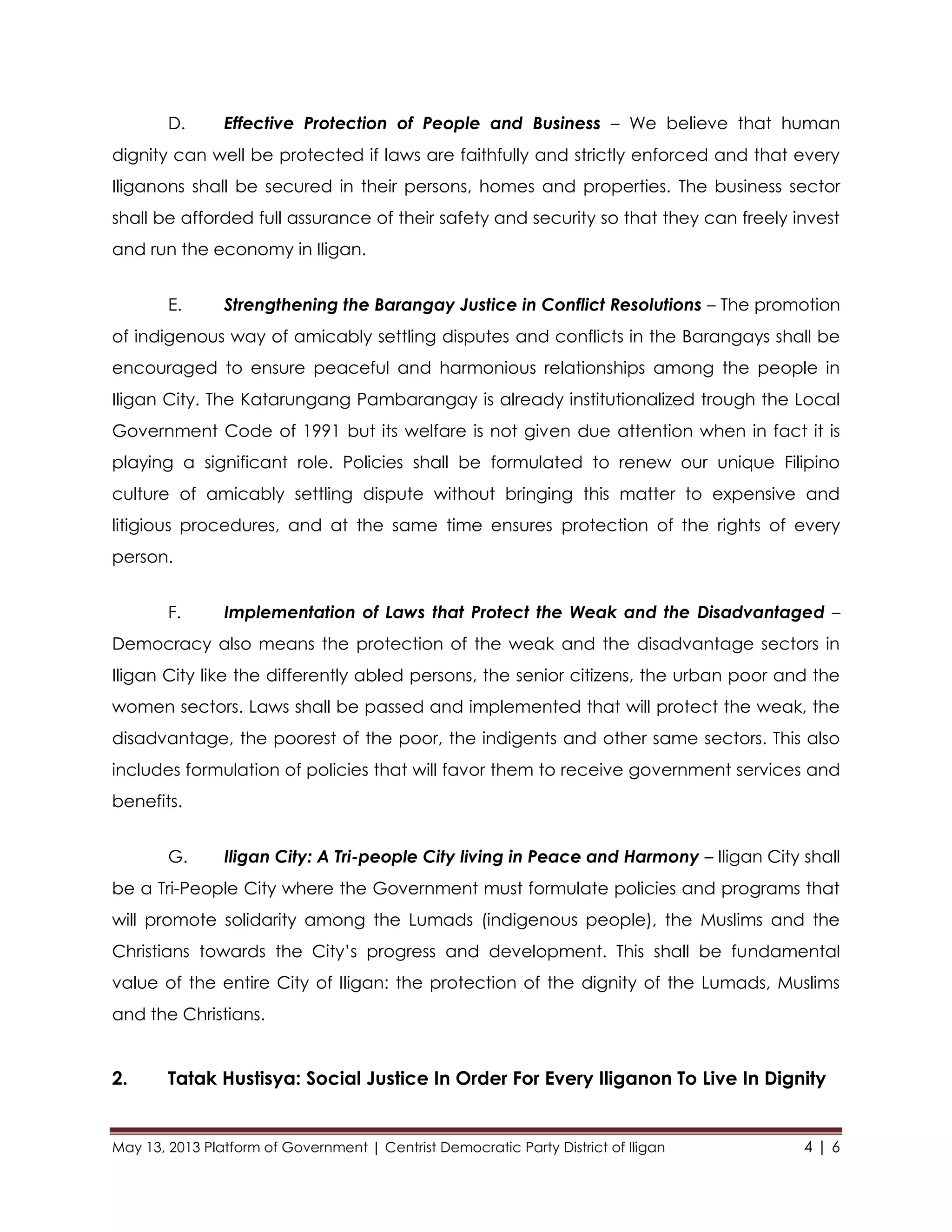 CDP ILIGAN PLATFORM OF GOVERNMENT | PDF