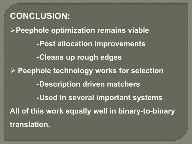Peephole optimization | PPTX | Programming Languages | Computing
