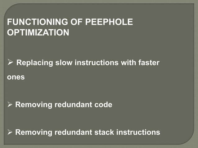 Peephole optimization | PPTX | Programming Languages | Computing