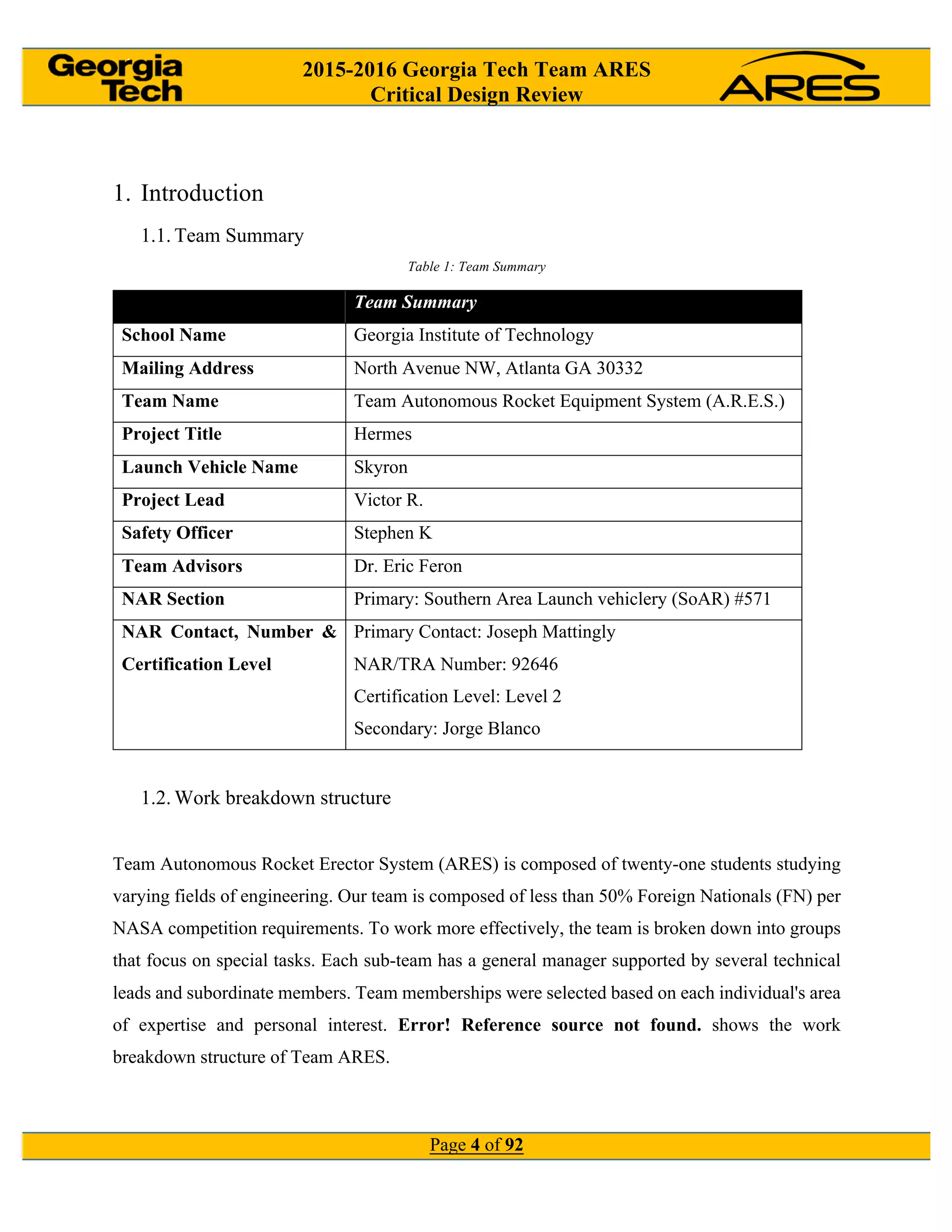 Critical Design Review Paper for Project A.R.E.S. | PDF