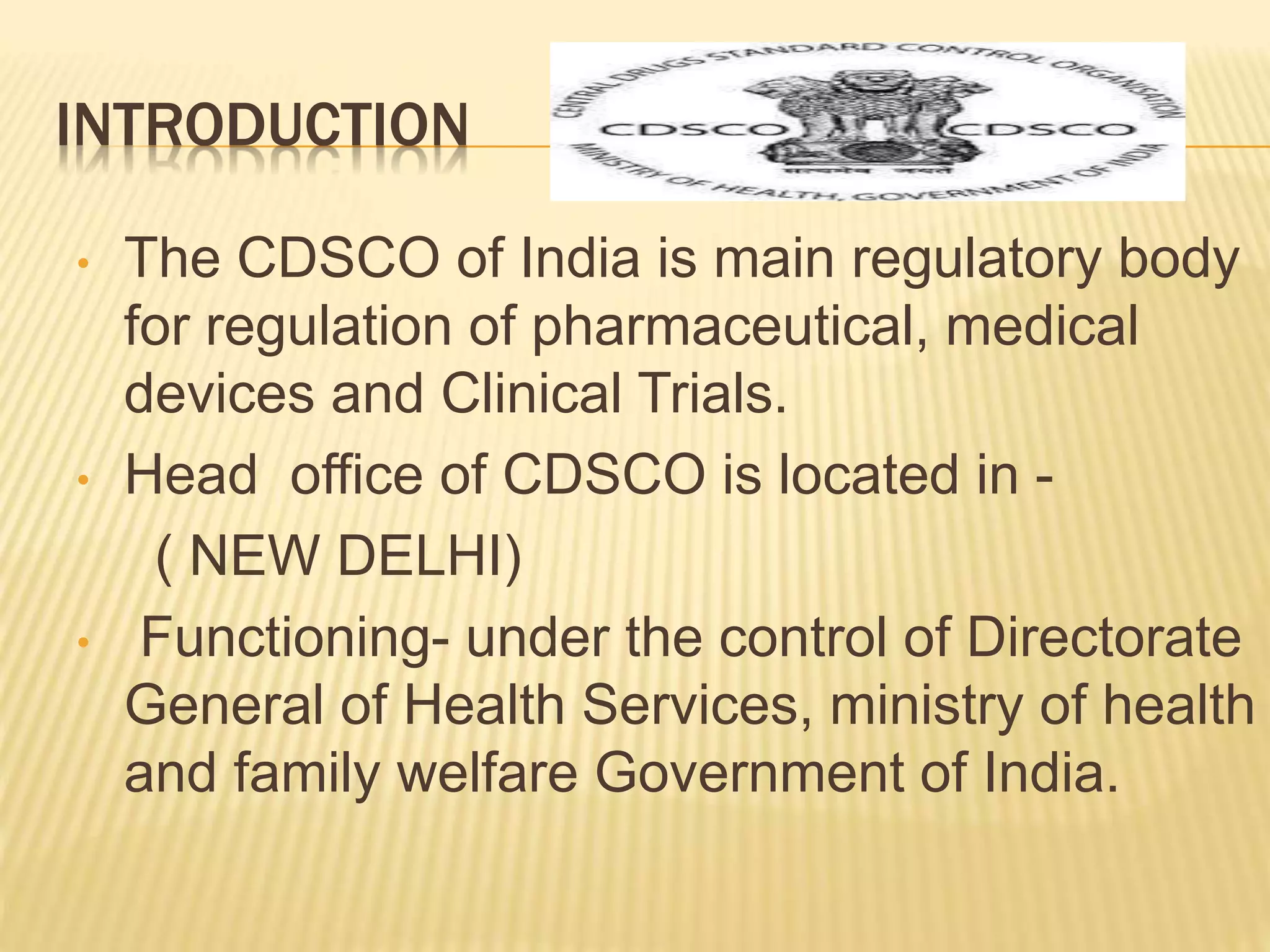 CENTRAL DRUG STANDARD CONTROL ORGANISATION (CDSCO) | PPTX | Pharmaceutical Industry | Industries