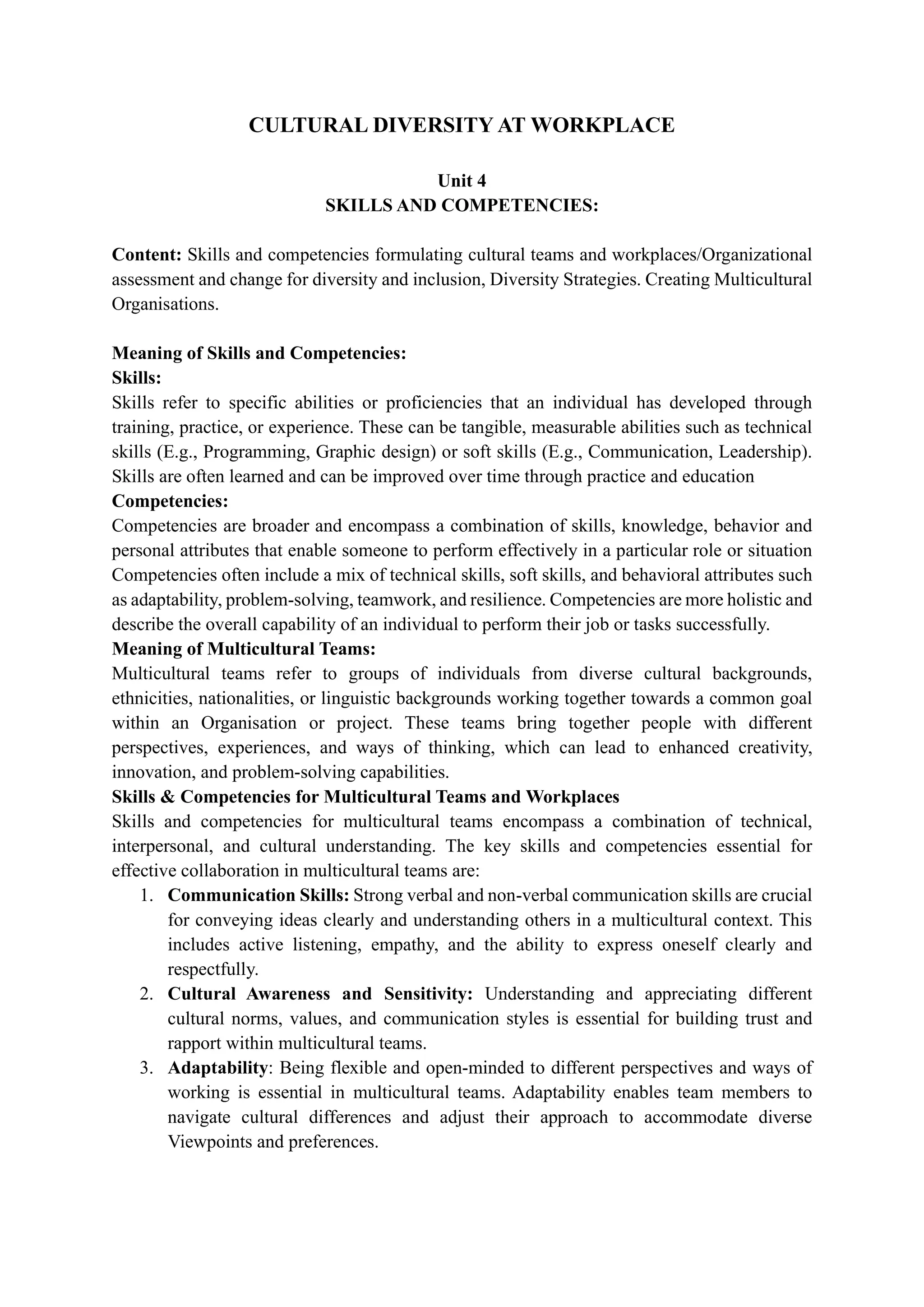 unit 4 Skills and Competencies on Cultural Diversity at Workplace | PDF