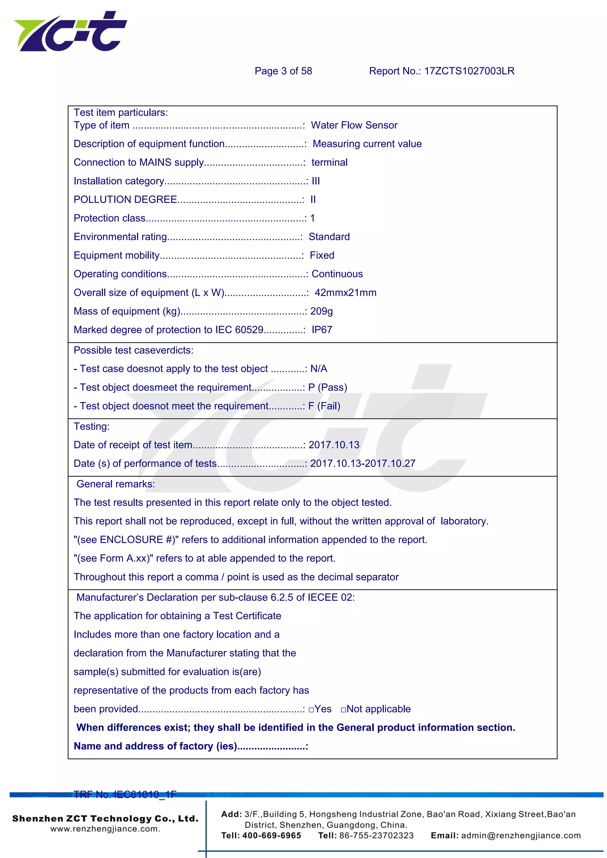 Ce Report of usc-hs21ti hall water flow sensor from iSentrol | PDF