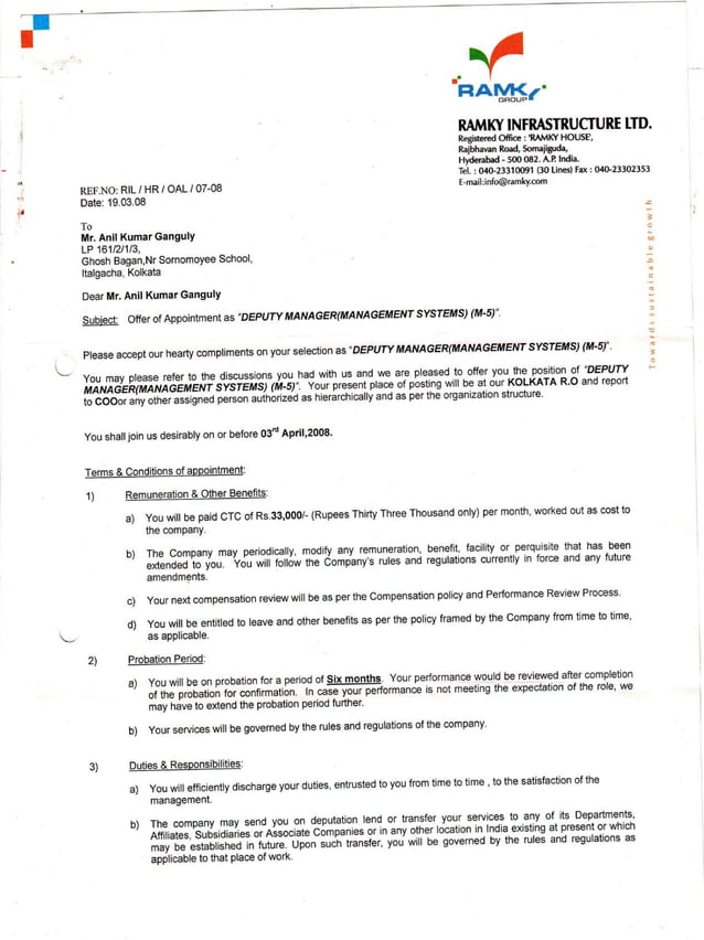 RAMKY APPOINTMENT &CONFORMATION LETTER | PDF