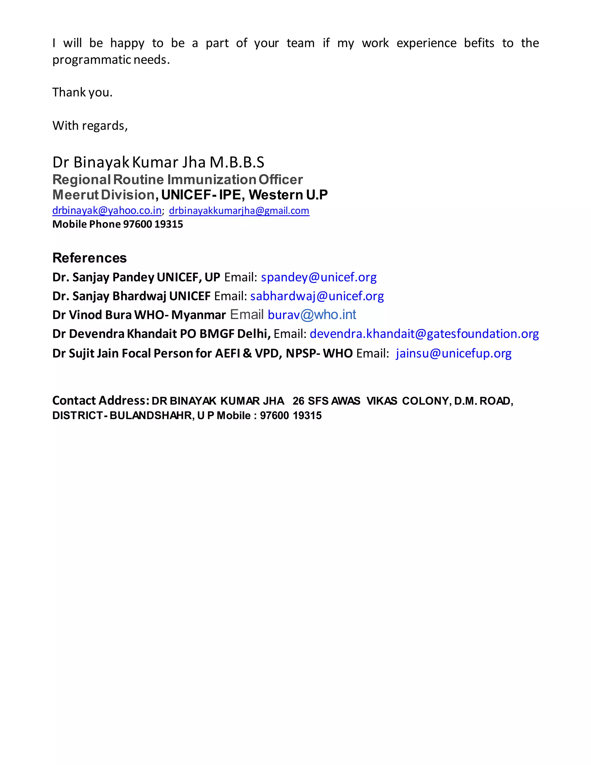 Cover Letter Dr Binayak Kr Jha, RRIO Bareilly Division | DOCX